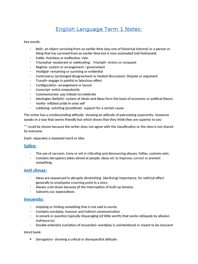 English Language Term 1 Study Notes | PDF | Verb | Grammar