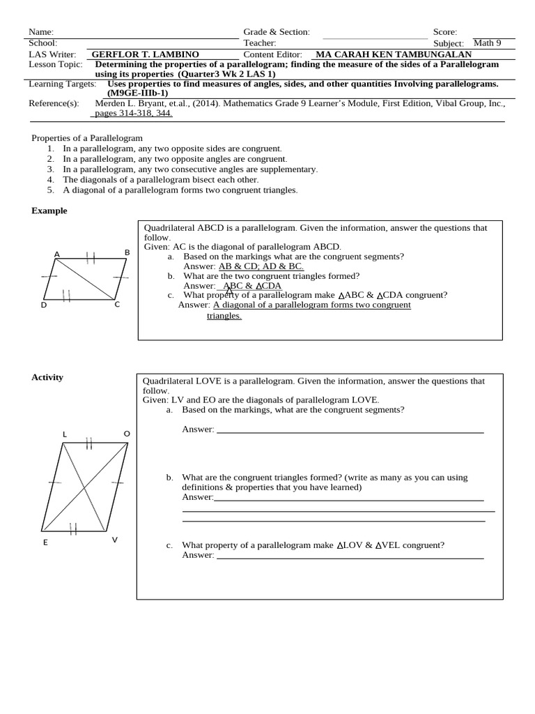 MATH9 Q3 WK2 LAS1 | PDF | Geometry | Euclidean Plane Geometry