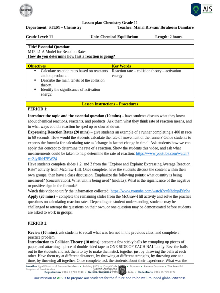 M15 L1 Lesson Plan | PDF | Reaction Rate | Chemical Reactions