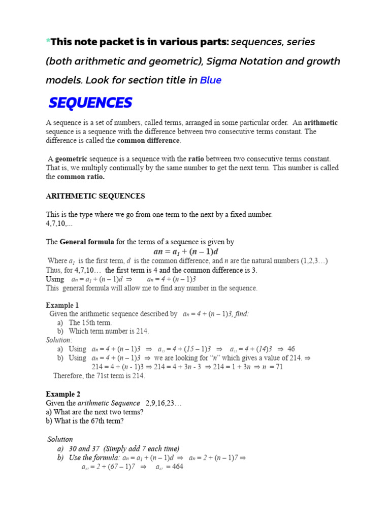 Sequences Series Note Packet | PDF | Summation | Sequence