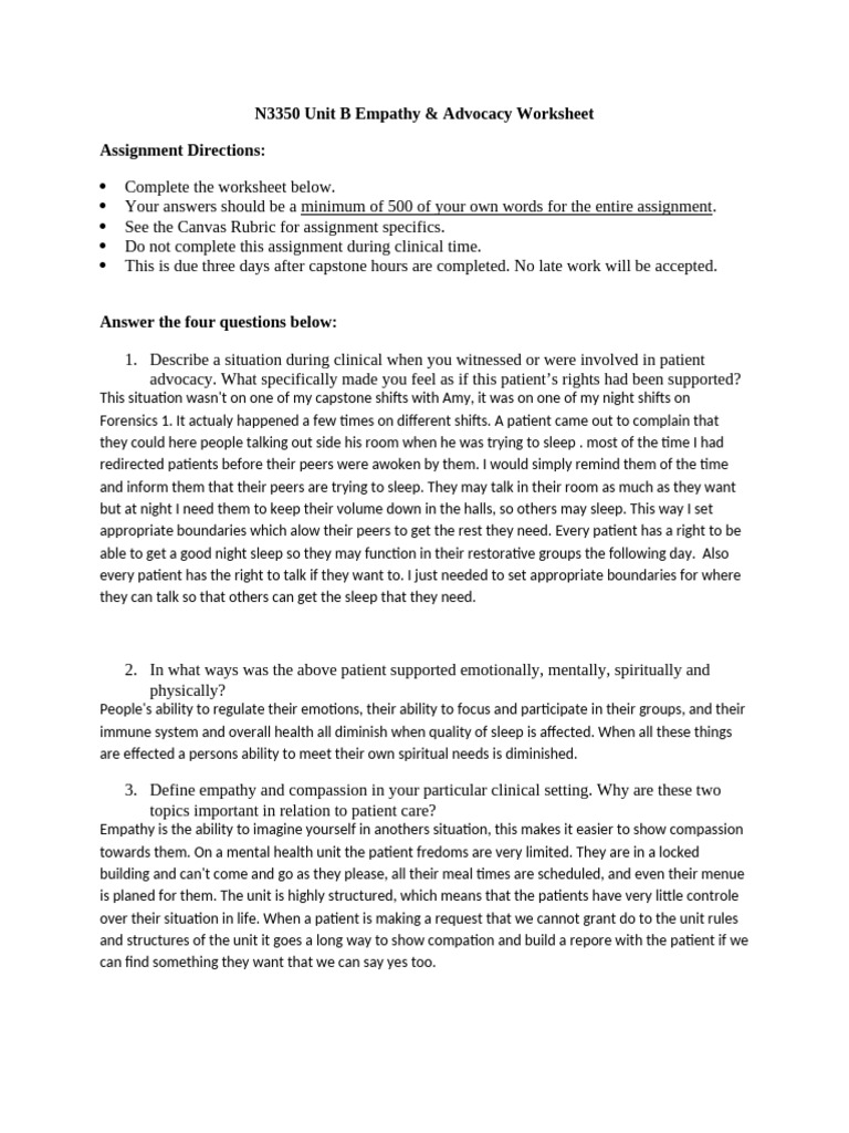 Empathy & Advocacy Worksheet | PDF | Nursing | Compassion