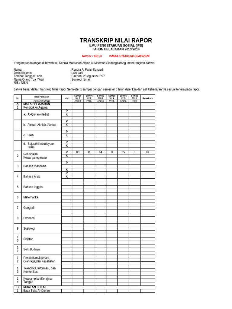 Format Transkrip Nilai Rapor Untuk 2000-2021 Dan 2021-2022 | PDF