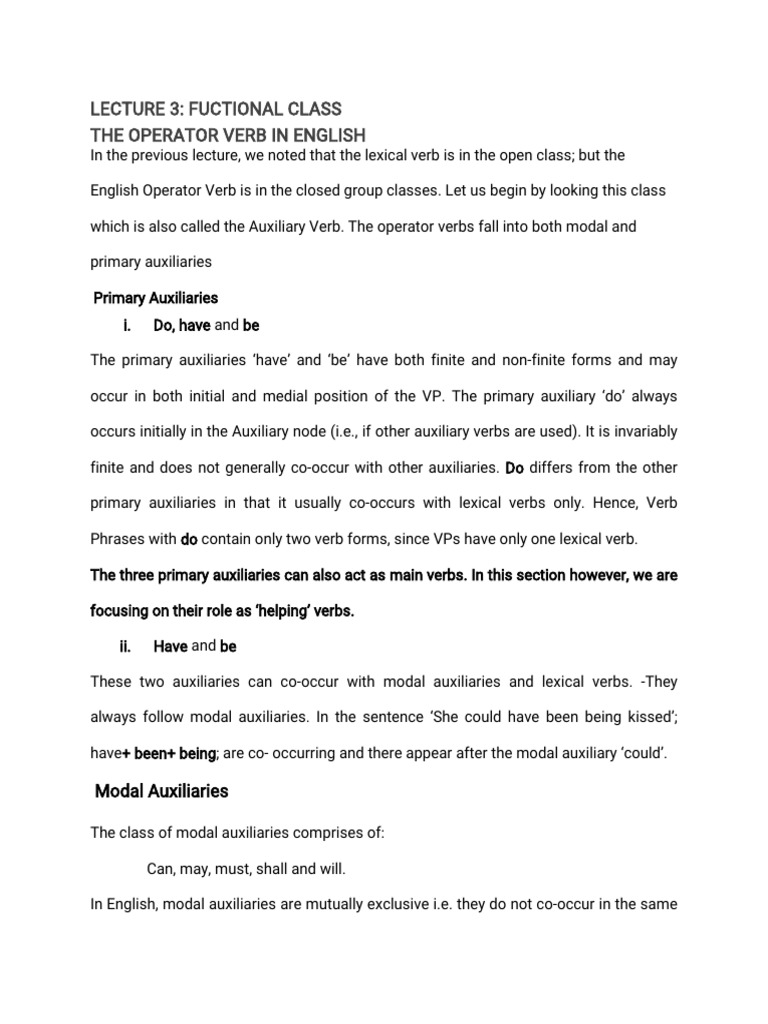 Eng 221 3 (Operator Verb (Auxiliary, Pronoun, Aspect... ) ) | PDF
