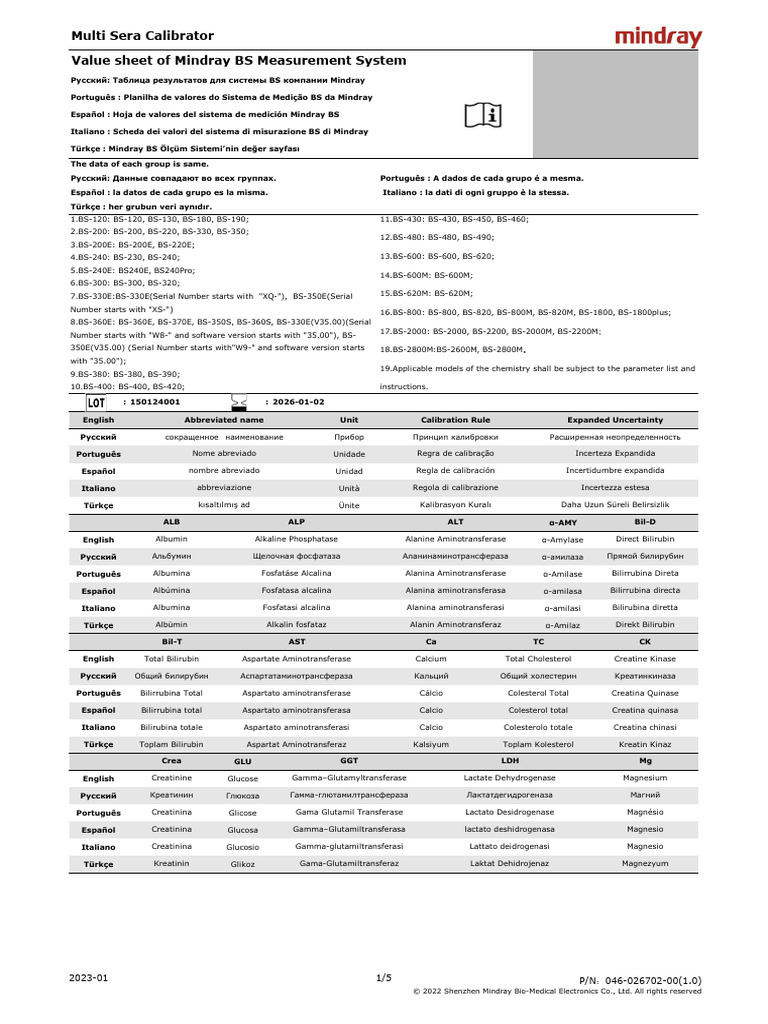 Mindray Multi Sera Calibrator Guide | PDF | Alanine Transaminase