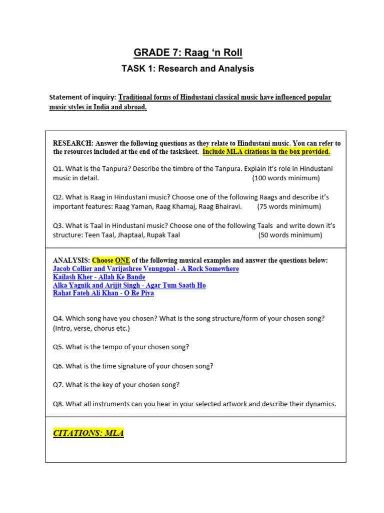 GRADE 7 - Raag 'N Roll - TASK 1 CRITERION A | PDF | Entertainment | Performing Arts