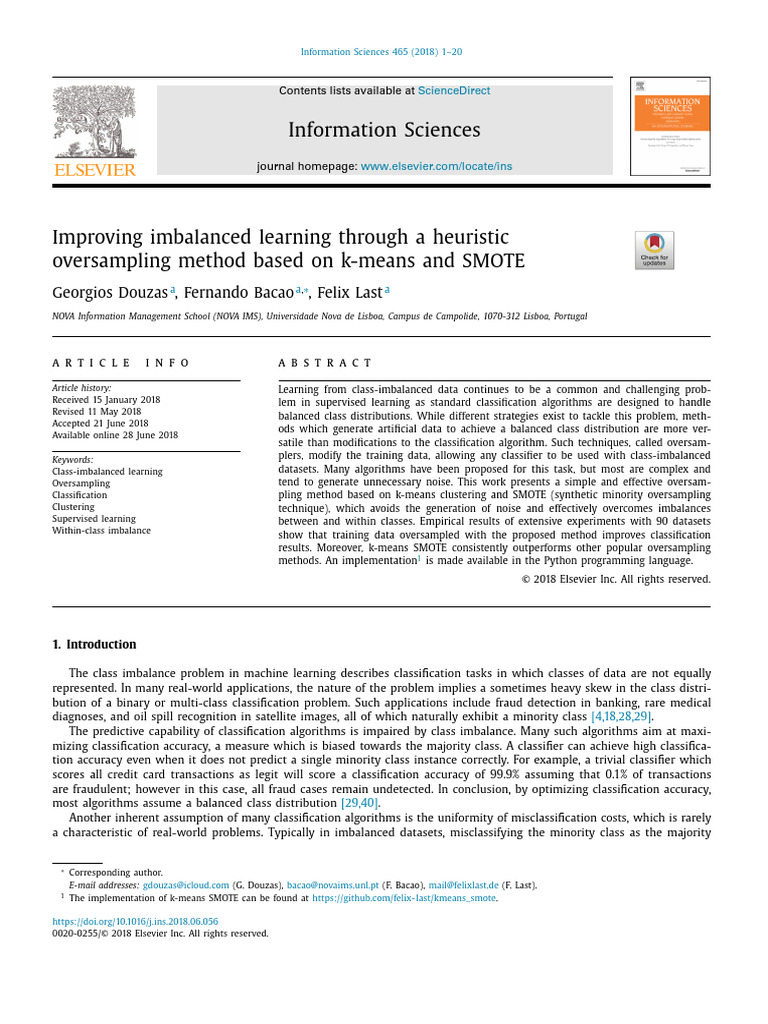 Improving imbalanced learning through a heuristic oversampling method based on k-means and SMOTE ...