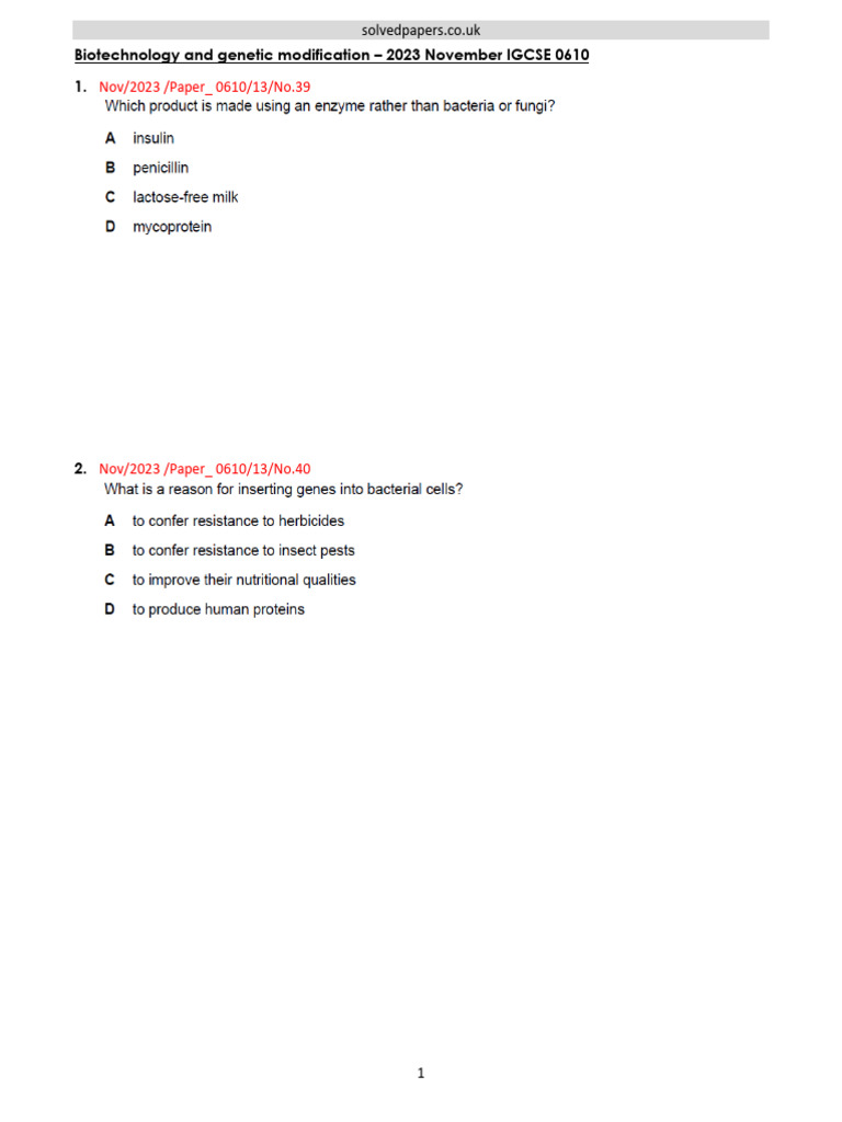 IGCSE Biotechnology Papers 2023 | PDF