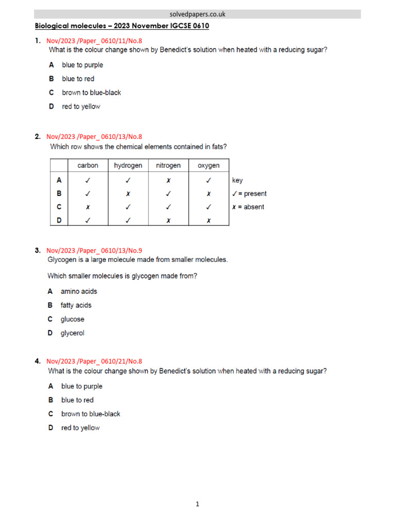 2023 Biological Molecules Igcse 0610 Stru Pdf