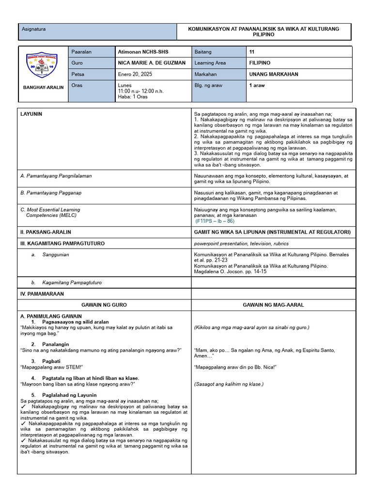 LP11 - 5 - Gamit NG Wika Sa Lipunan (Interaksyonal & Regulatori) | PDF