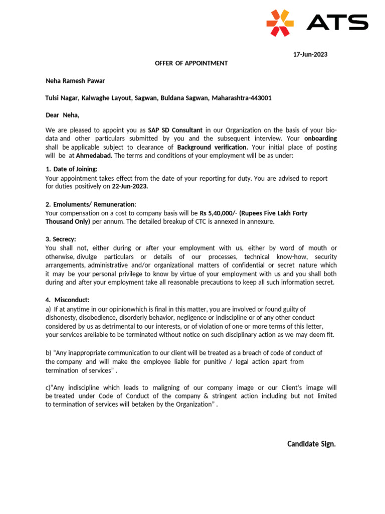 Offer of Appointment - Neha Ramesh Pawar | PDF | Business Ethics ...