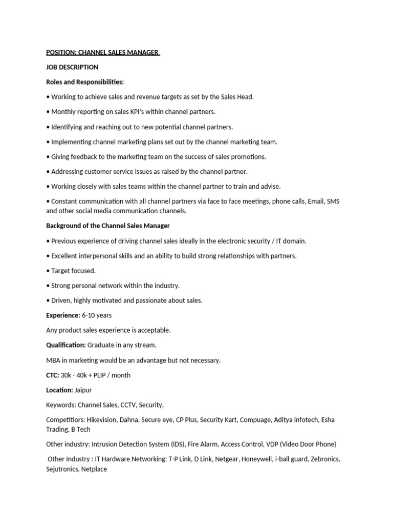 JD - Channel Sales Manager | PDF