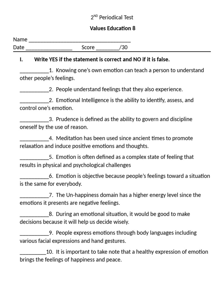 Values Education Test | PDF