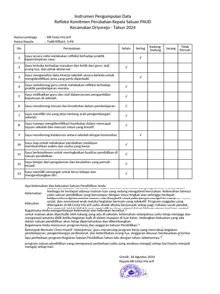 Instrumen Refleksi KB Cinta Maarif | PDF
