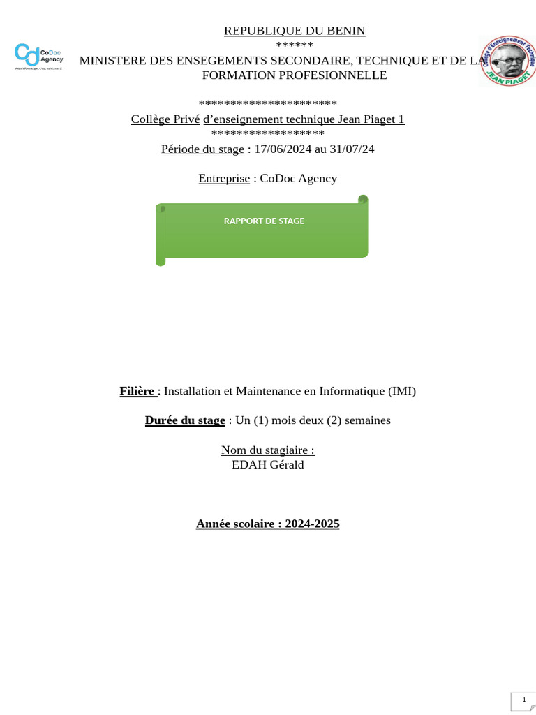 Rapport de stage en informatique 2024 | PDF | Html | Internet