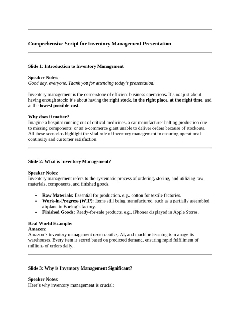 Comprehensive Script For Inventory Management Presentation | PDF ...