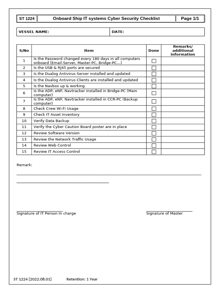 1224 Onboard Ship IT Systems Cyber Security Checklist (Rev. 00) | PDF