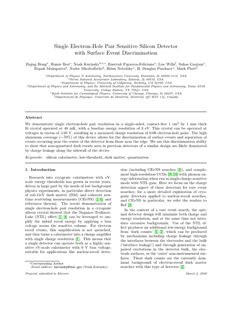 Single Electron Hole Pair Sensitive Silicon Detector With Surface Event Discrimination Pdf
