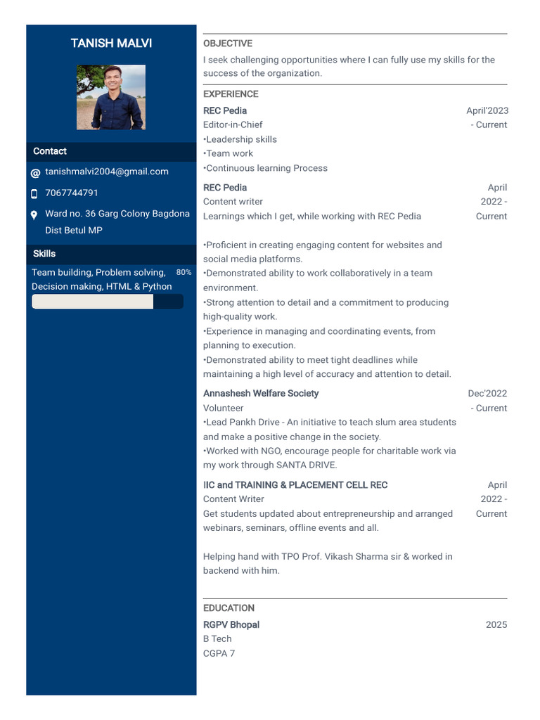 Tanish resume (1) | PDF | Cognition