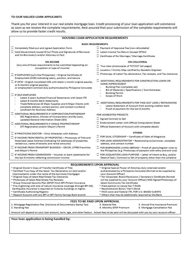 BPI Housing Loan Application Checklist | PDF | Loans | Insurance