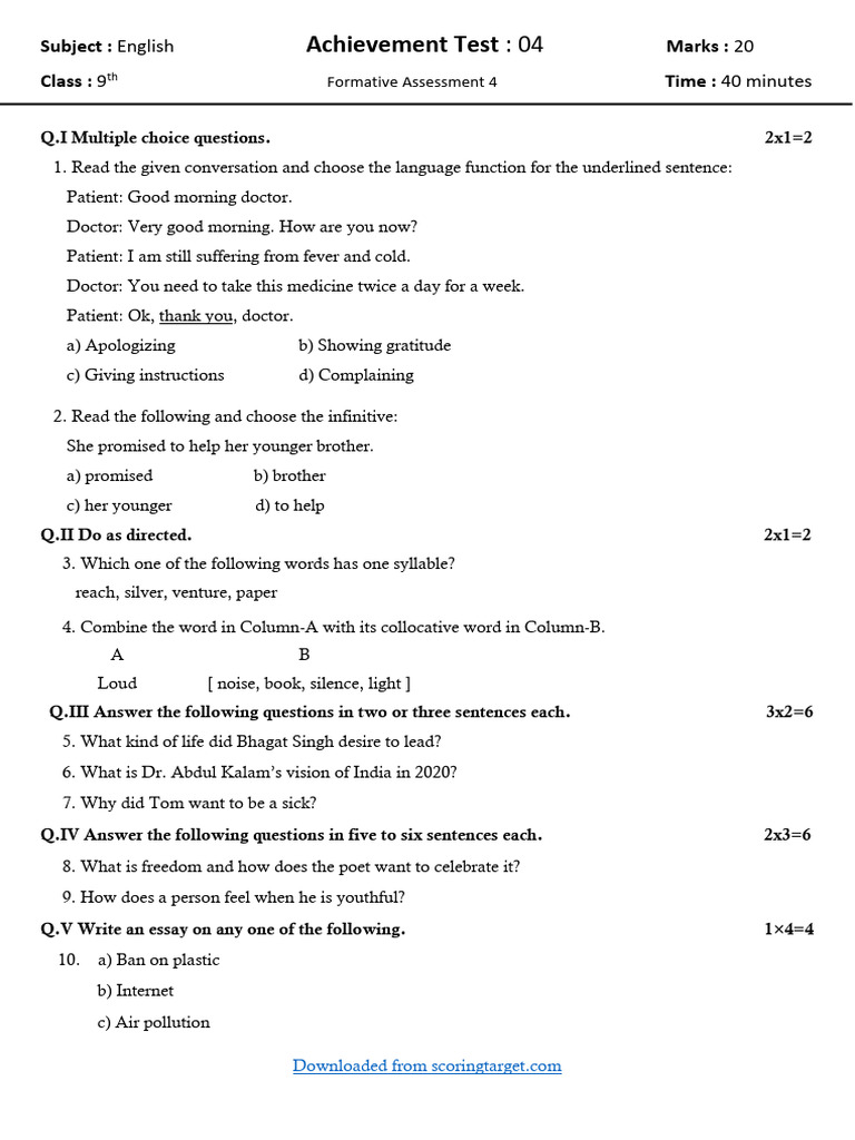 9th STD SL English Fa4 Question Paper 2024-25 | PDF | Air Pollution | Pollution