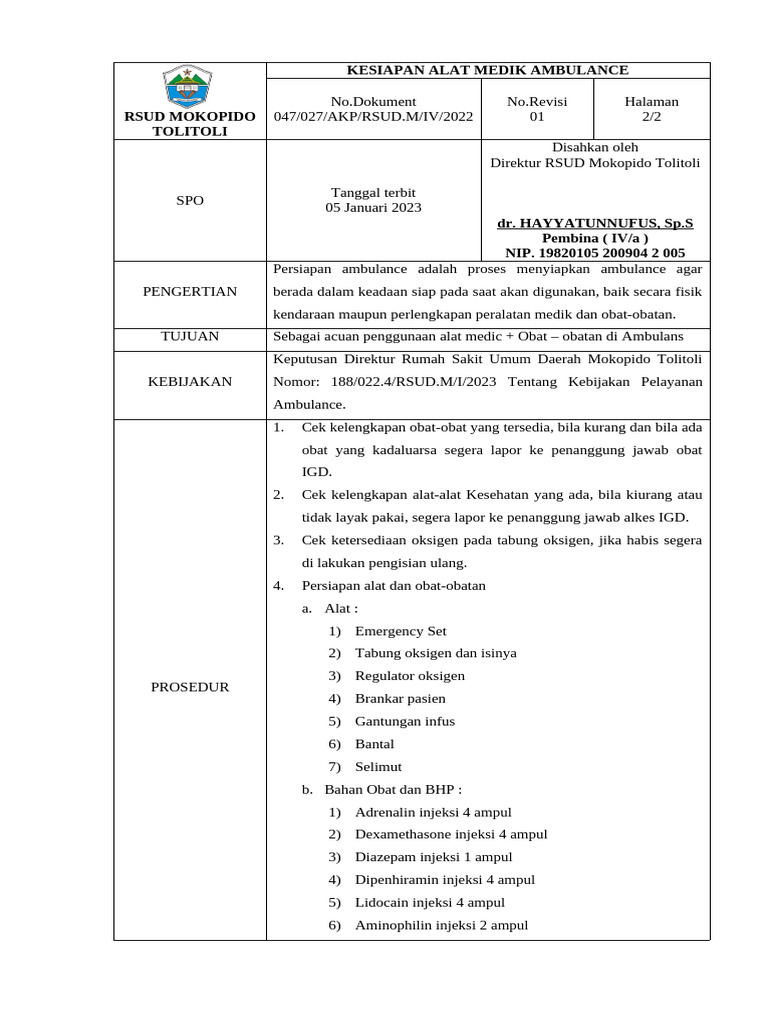 027, Spo Persiapan Alat Medik Ambulance | PDF