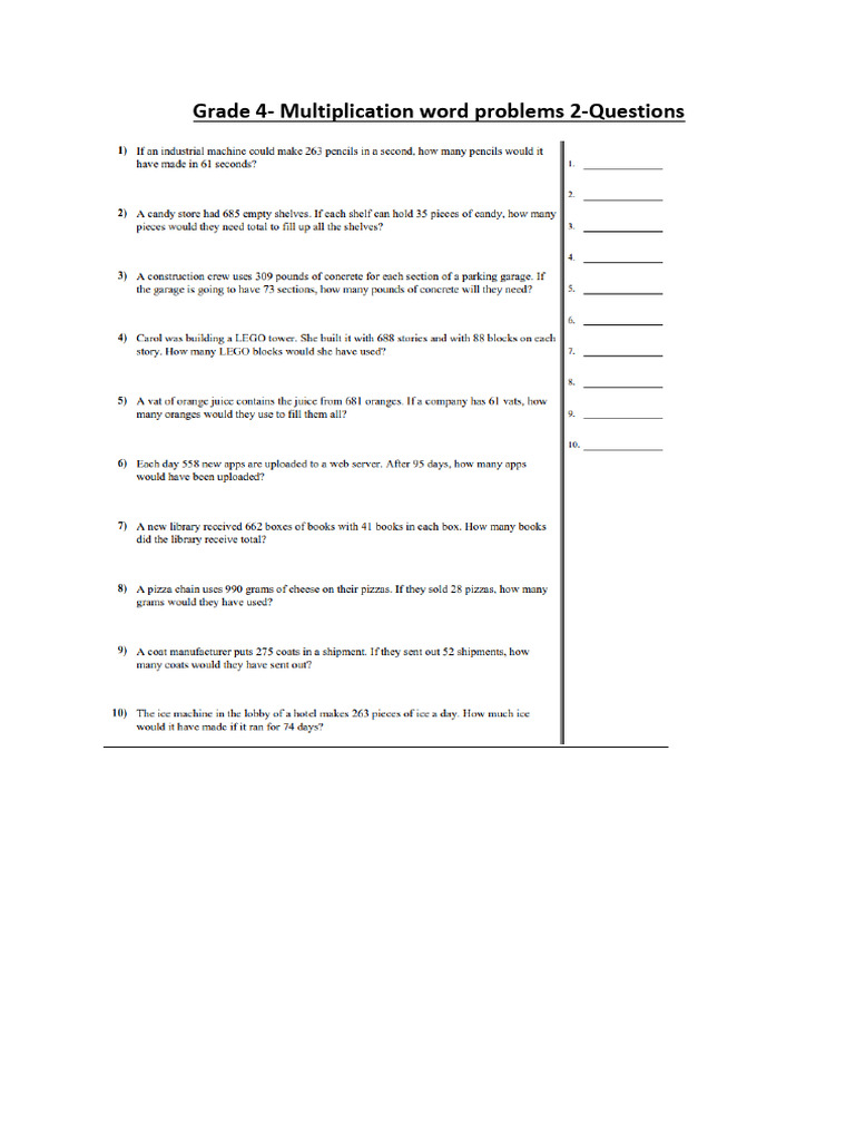 Grade 4- Multiplication word problems 2-Questions | PDF