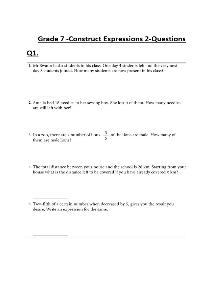 Grade 7 -Construct Expressions 2-Questions | PDF