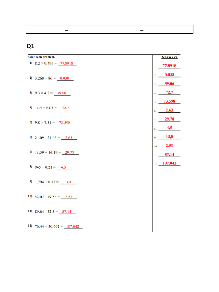 Grade 6 - Decimals All Operations 2 - Answers | PDF