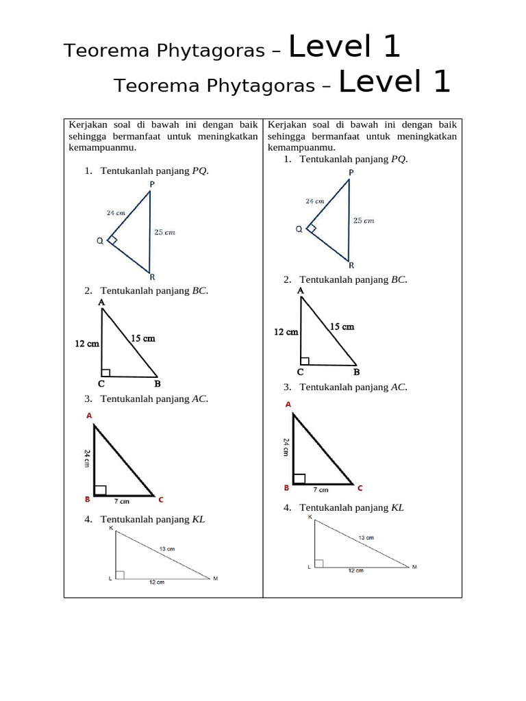 Teorema Phytagoras Level 1 | PDF
