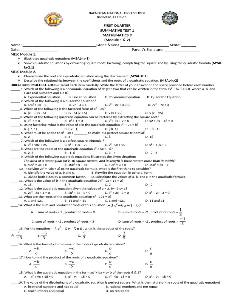 Summative Test1 Q1 Module 12 SY 2021 2022 | PDF | Quadratic Equation ...