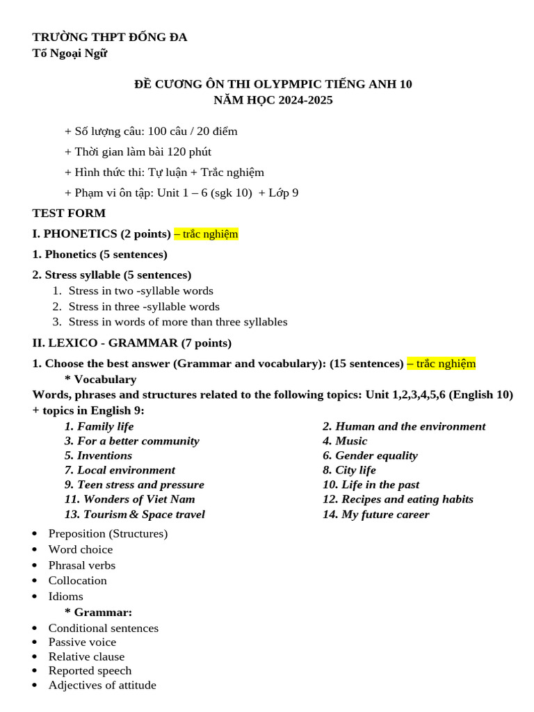 24-25 ĐỀ CƯƠNG OLYMPIC ANH 10 | PDF