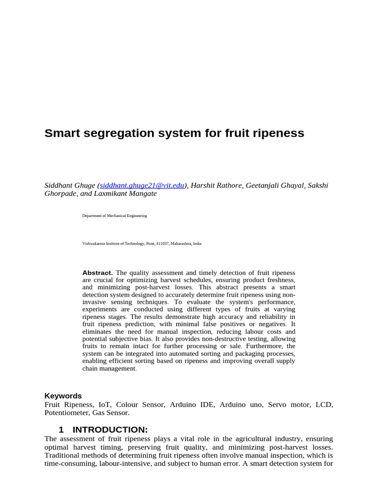 SMART SEGREGATION SYSTEM FOR FRUIT RIPENESS Conference | PDF | Sensor ...