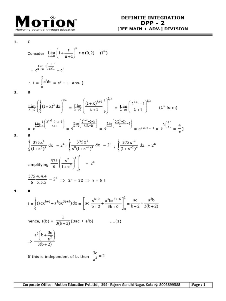 DPP-2 Definate-Int Sol @motion Lectures | PDF