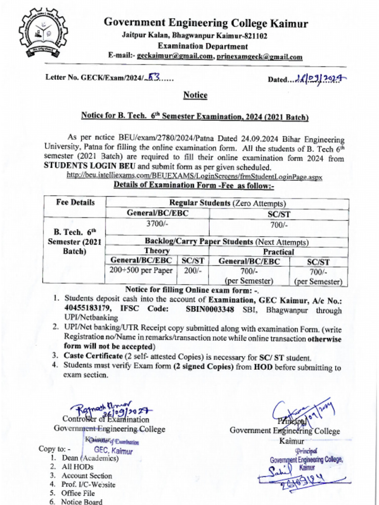Notice For B. Tech. 6th Semester Examination, 2024 (2021 Batch) | PDF