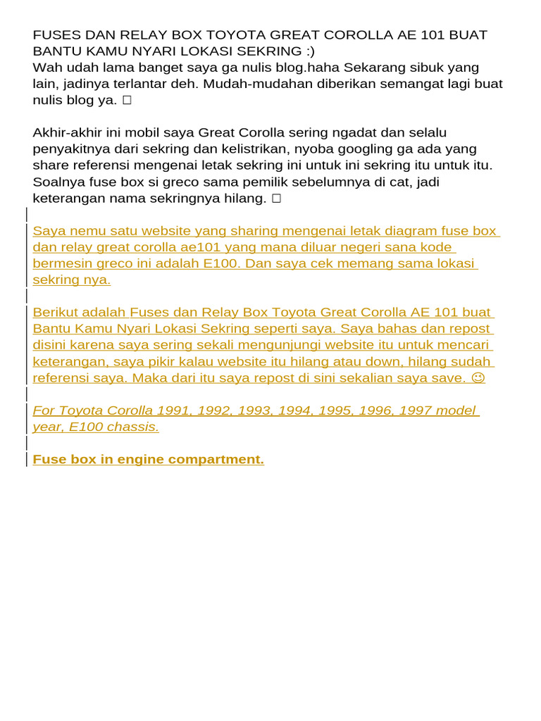 FUSES DAN RELAY BOX TOYOTA GREAT COROLLA AE 101 | PDF | Trunk (Car) | Headlamp