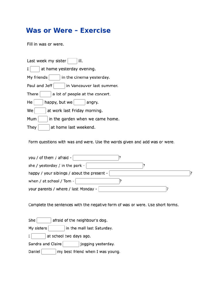 Practice - 9-Was or Were | PDF
