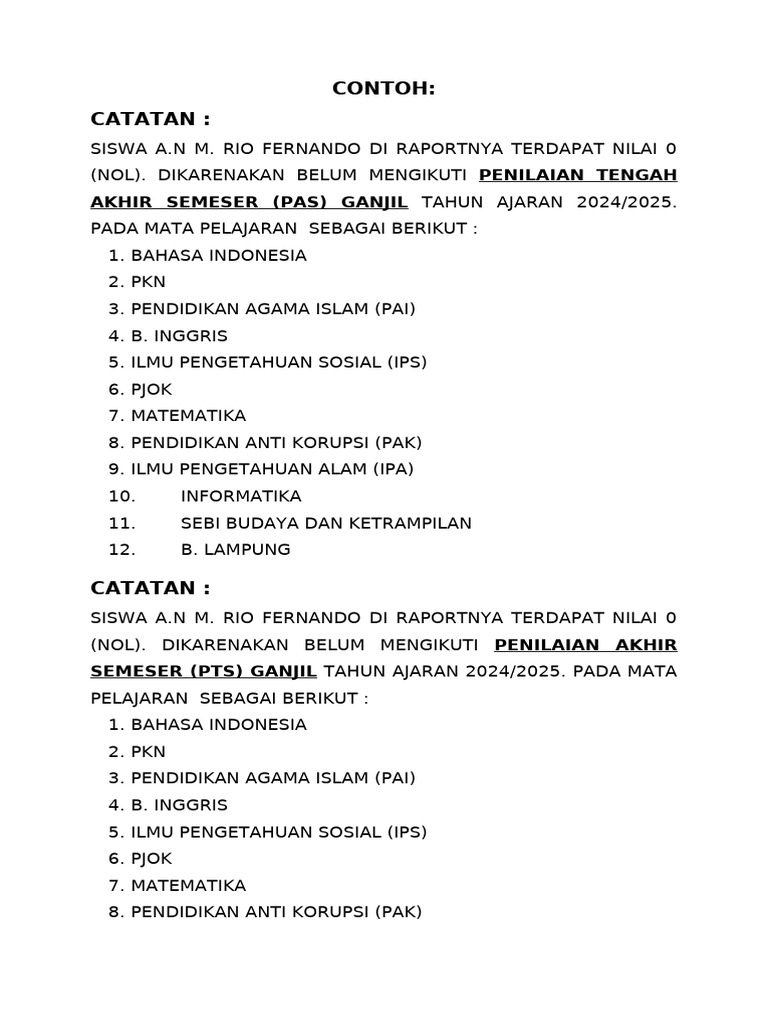 Catatan Rapot Siswa M. Rio Fernando | PDF