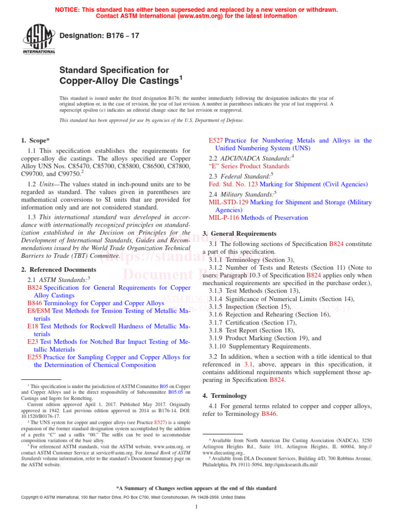 ASTM B176-17 - Standard Specification For Copper Alloy DieCastings ...