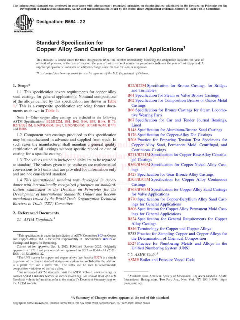 ASTM-B584-22 - Standard Specification For Copper Alloy Sand Castings For General Application ...