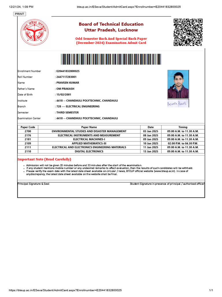 BTEUP December 2024 Admit Card Details | PDF