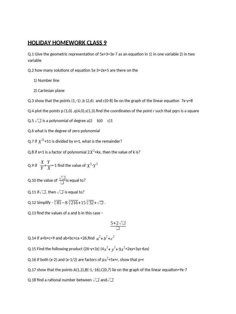Holiday Homework Class 9 | PDF