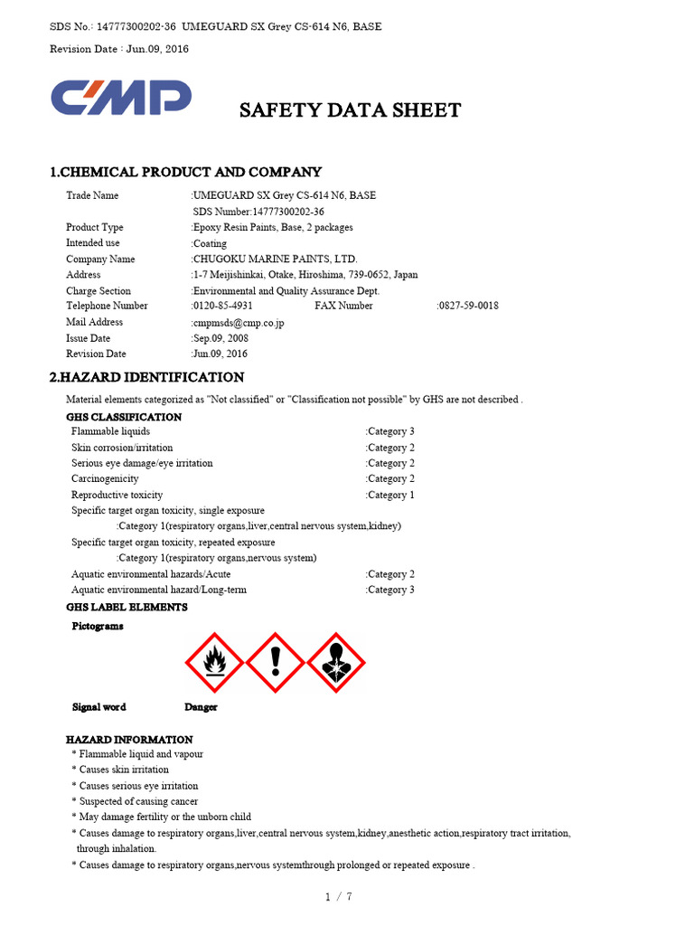 UMEGUARD SX Grey CS-614 Safety Data Sheet | PDF | Toxicity ...