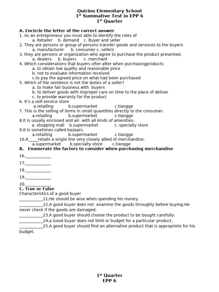 1st Summative-Test-Epp-6-1st-Qtr | PDF | Procurement | Goods