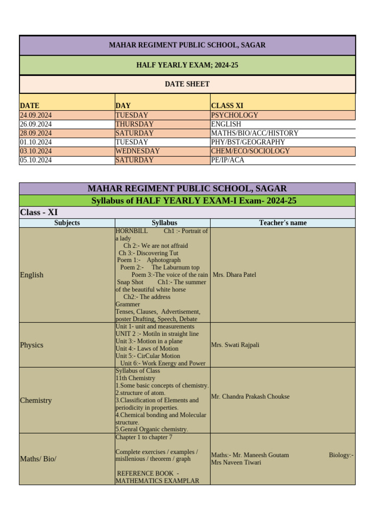 Class XI Half-Yearly Exam Date Sheet 2024 | PDF | Chemistry | Science