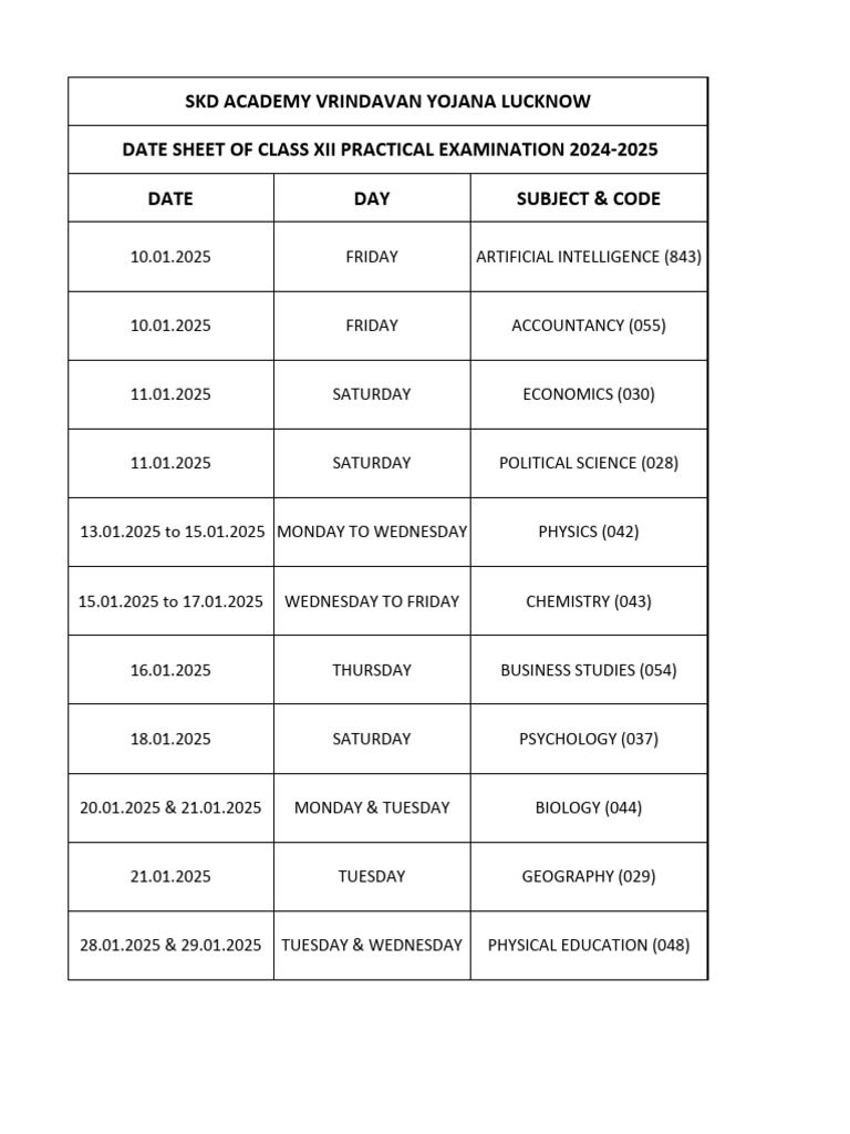 Date Sheet Practical Exam Class Xii | PDF