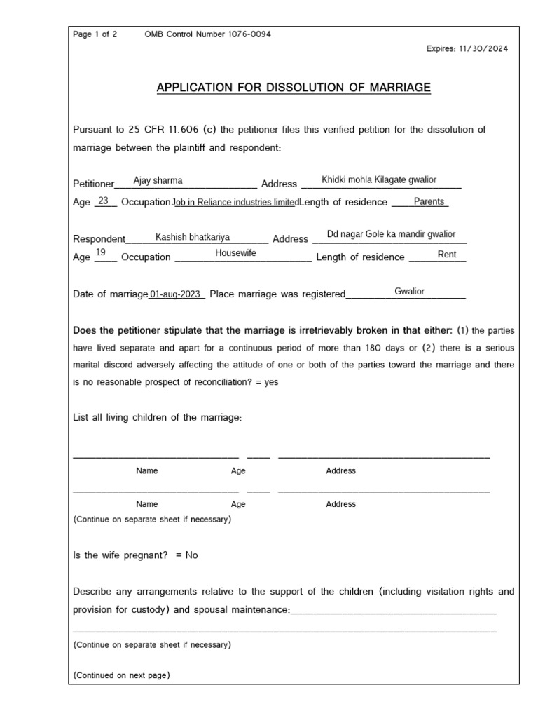Application for Marriage Dissolution Form | PDF | Social Institutions ...