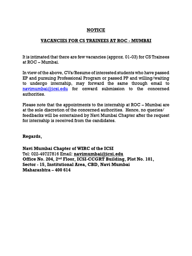 CS Trainee Vacancies at ROC Mumbai | PDF