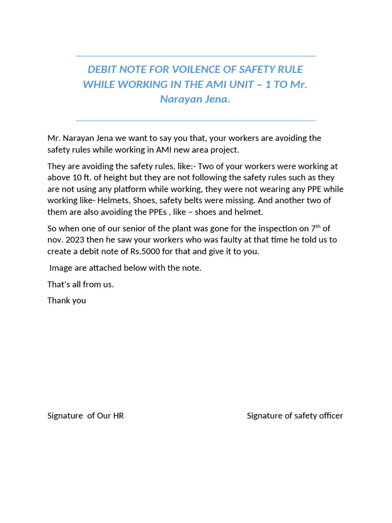 Safety Violation Debit Note Issued | PDF