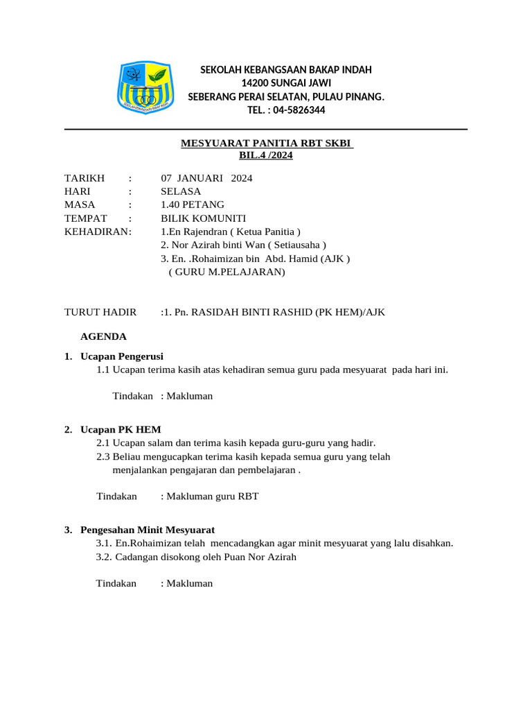 MESYUARAT PANITIA KE-4 RBT SKBI | PDF