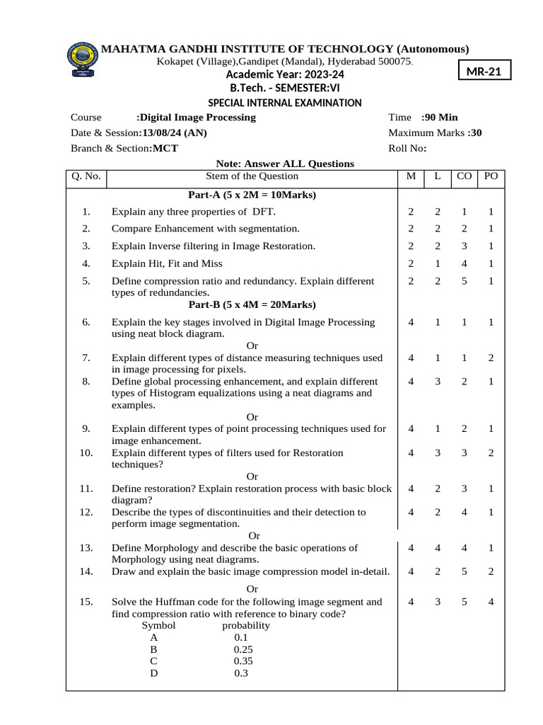 Digital Image Processing Exam | PDF | Image Segmentation | Data Compression
